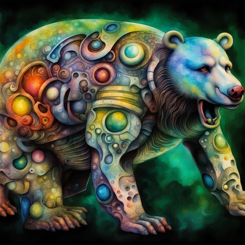 Cyborg Psychedelic hippie rave Obese Bear, cosmic surrealism fantasy 8k ...