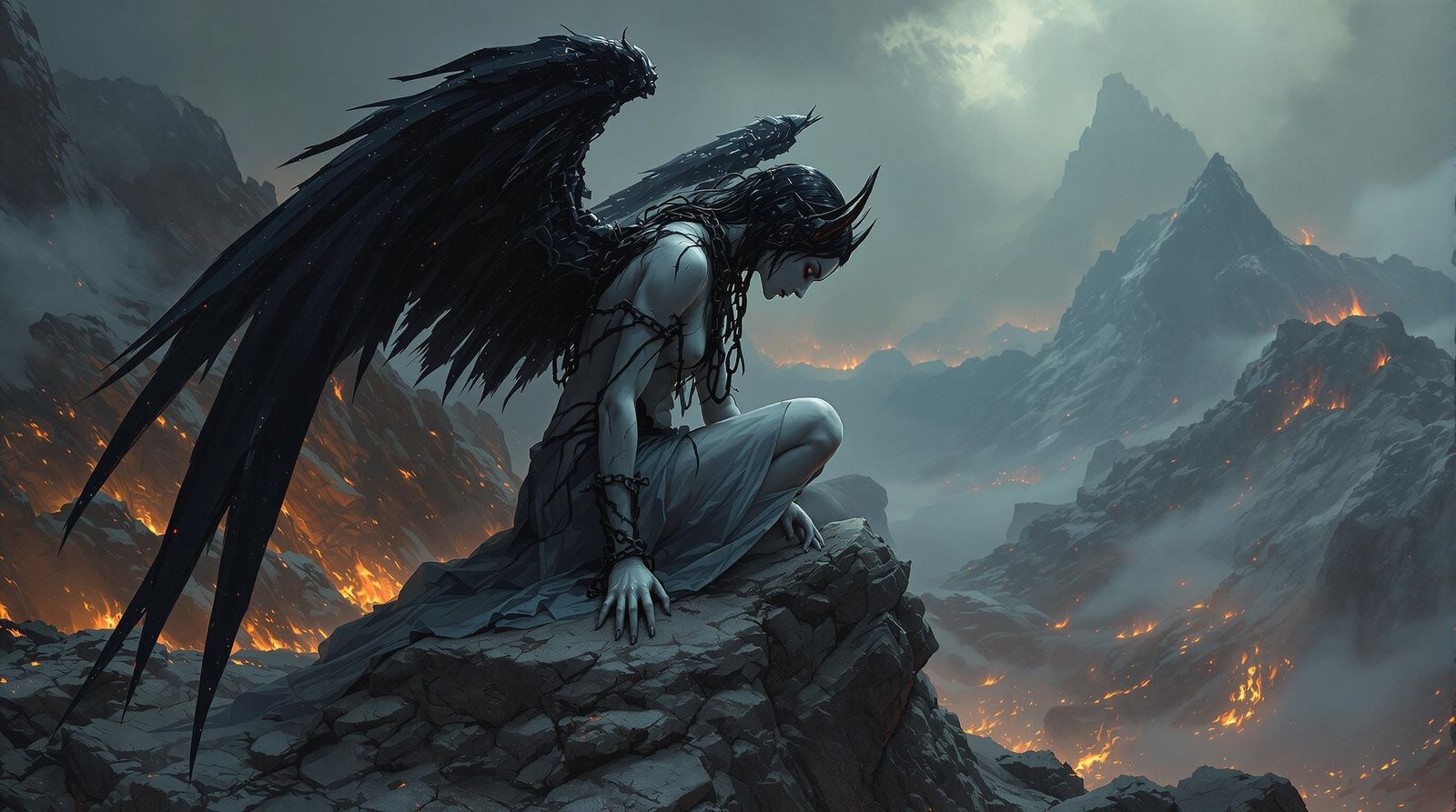 Black Angel - Ethereal Fallen Angel in Cel-Shaded Darkness