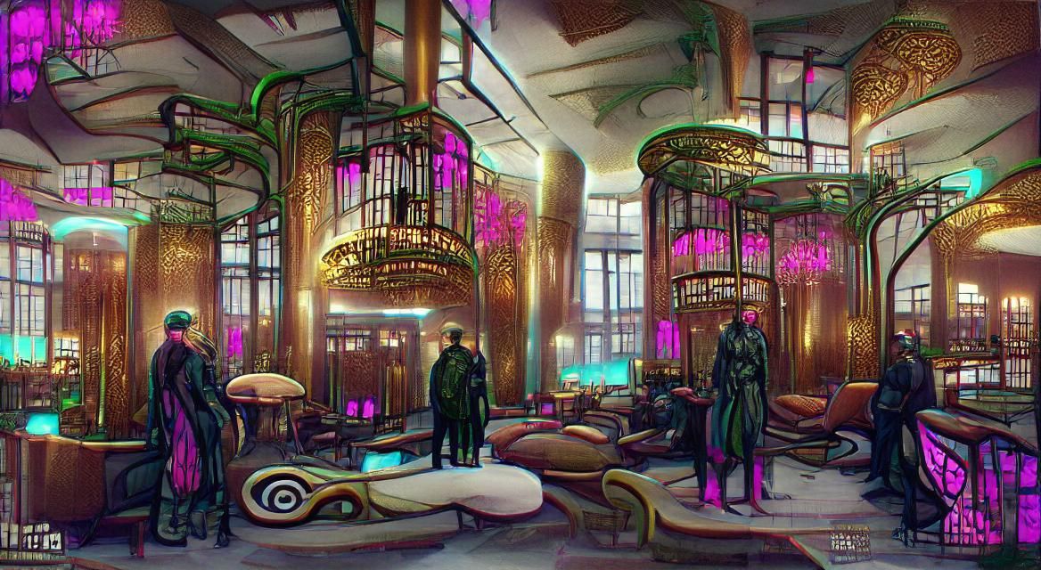 Art Nouveau Cyberpunk Hotel Lobby Concept Art - AI Generated Artwork ...