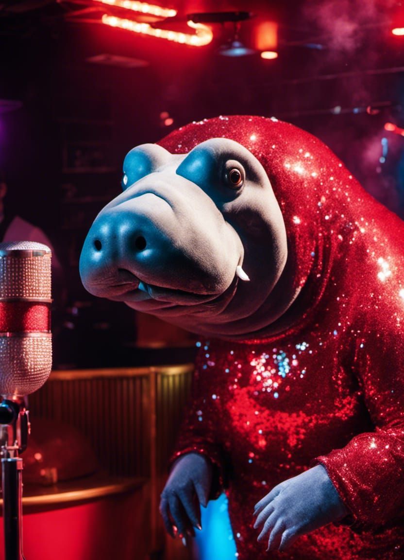 anthropomorphic manatee is performing as a lounge-singer wearing a ...