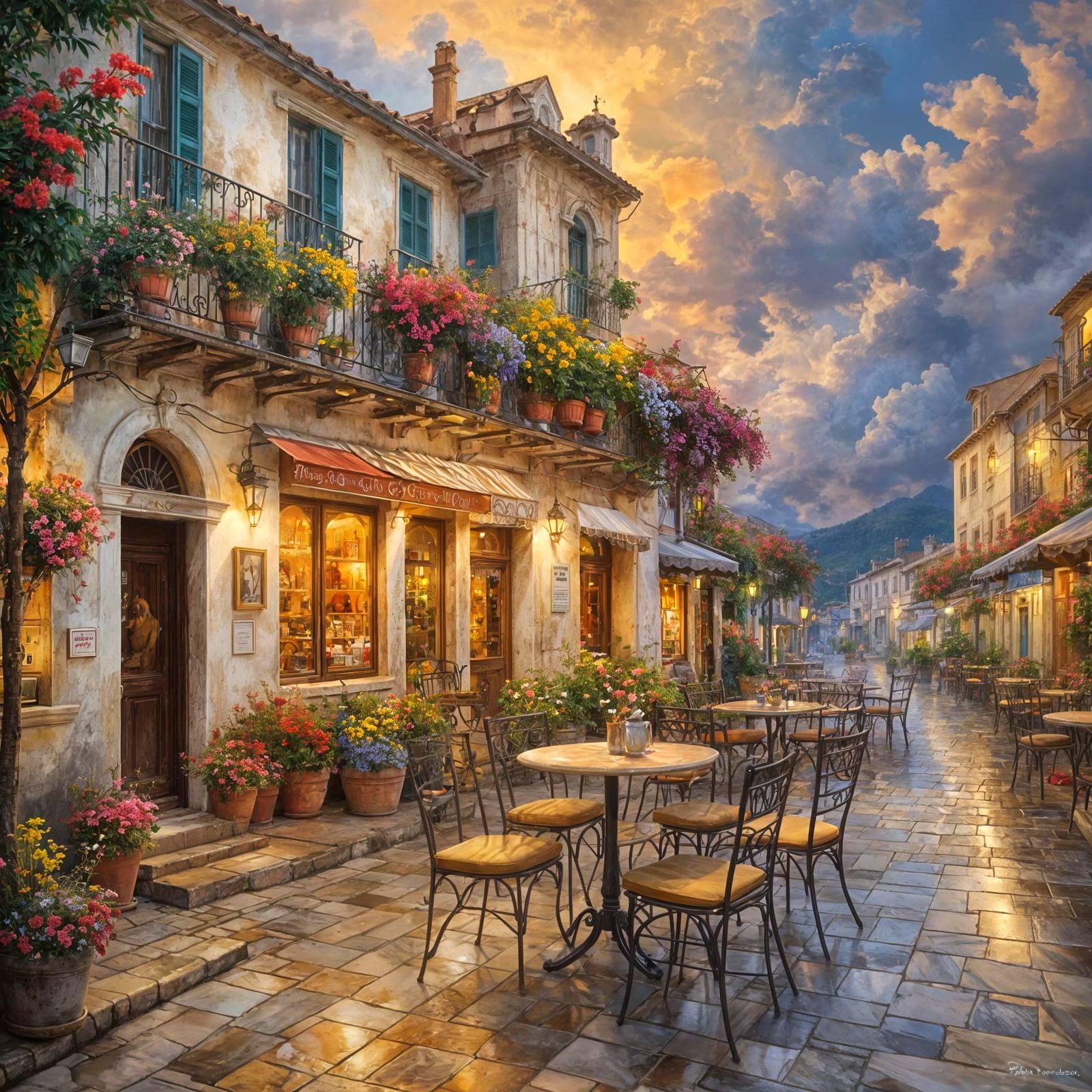 Italian bar - Sicilian Town Square at Dusk in Ethereal Fanta...