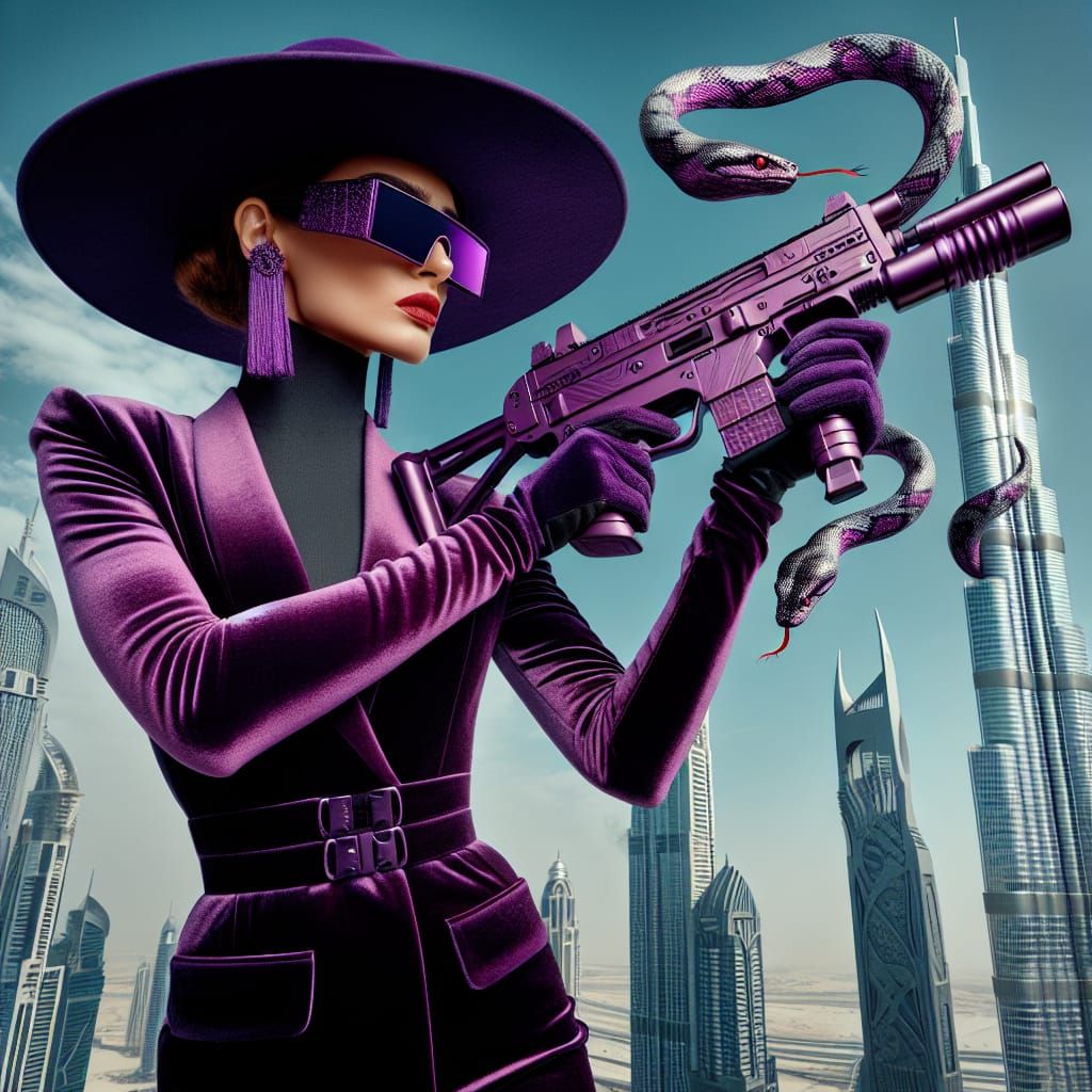 Woman secret agent wearing purple velvet wide hat , purple velvet suit ...