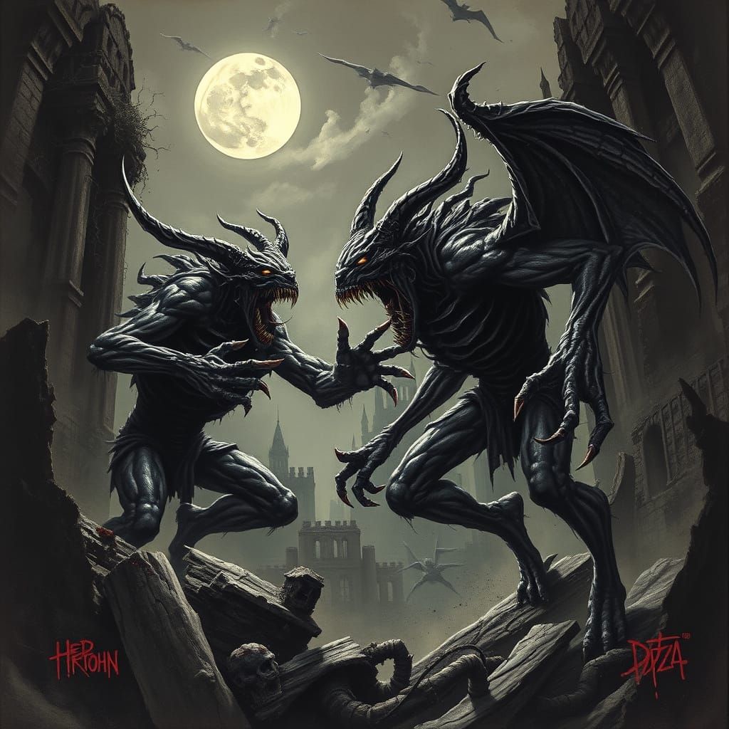 Ethereal Battle of Dark Demons Under Full Moon - AI Art