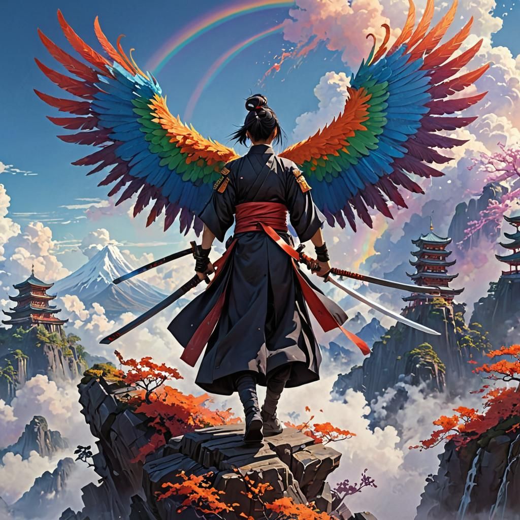 A ninja perched on a colorful phoenix 2 - AI Generated Artwork ...