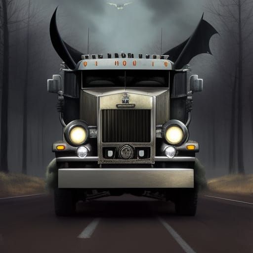a Mack truck with a skeleton driving, centered, in the style of ...