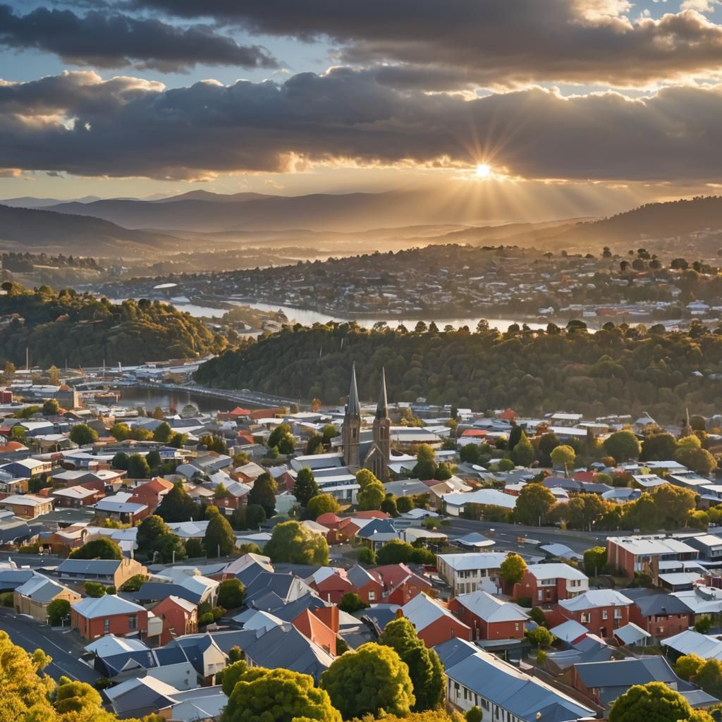 sunrise over the town of launceston tasmania - AI Generated Artwork ...
