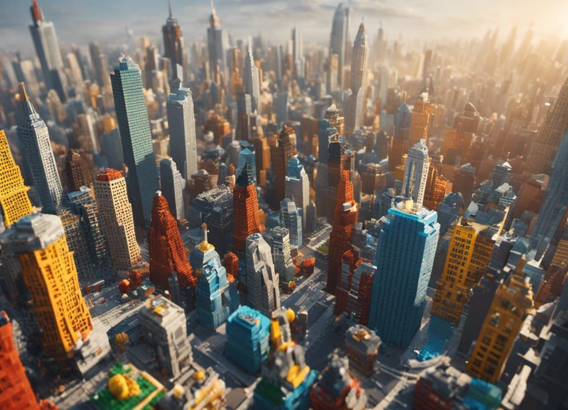 A Lego cityscape made entirely of Legos, looking up, skyscraper, 8k ...