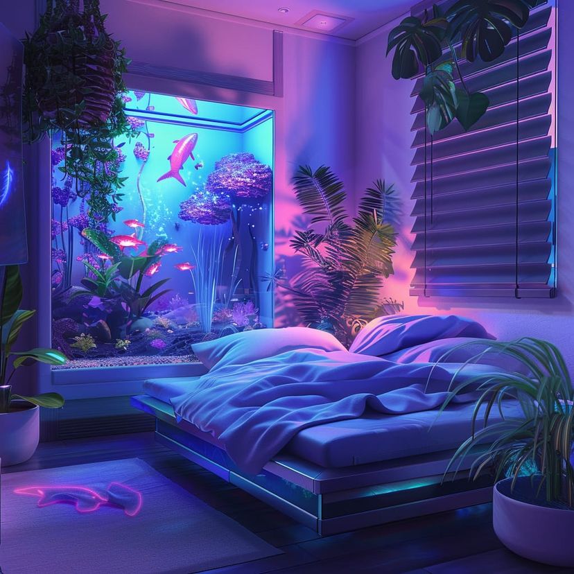 Synthwave Bedroom with Fishtank - AI Generated Artwork - NightCafe Creator