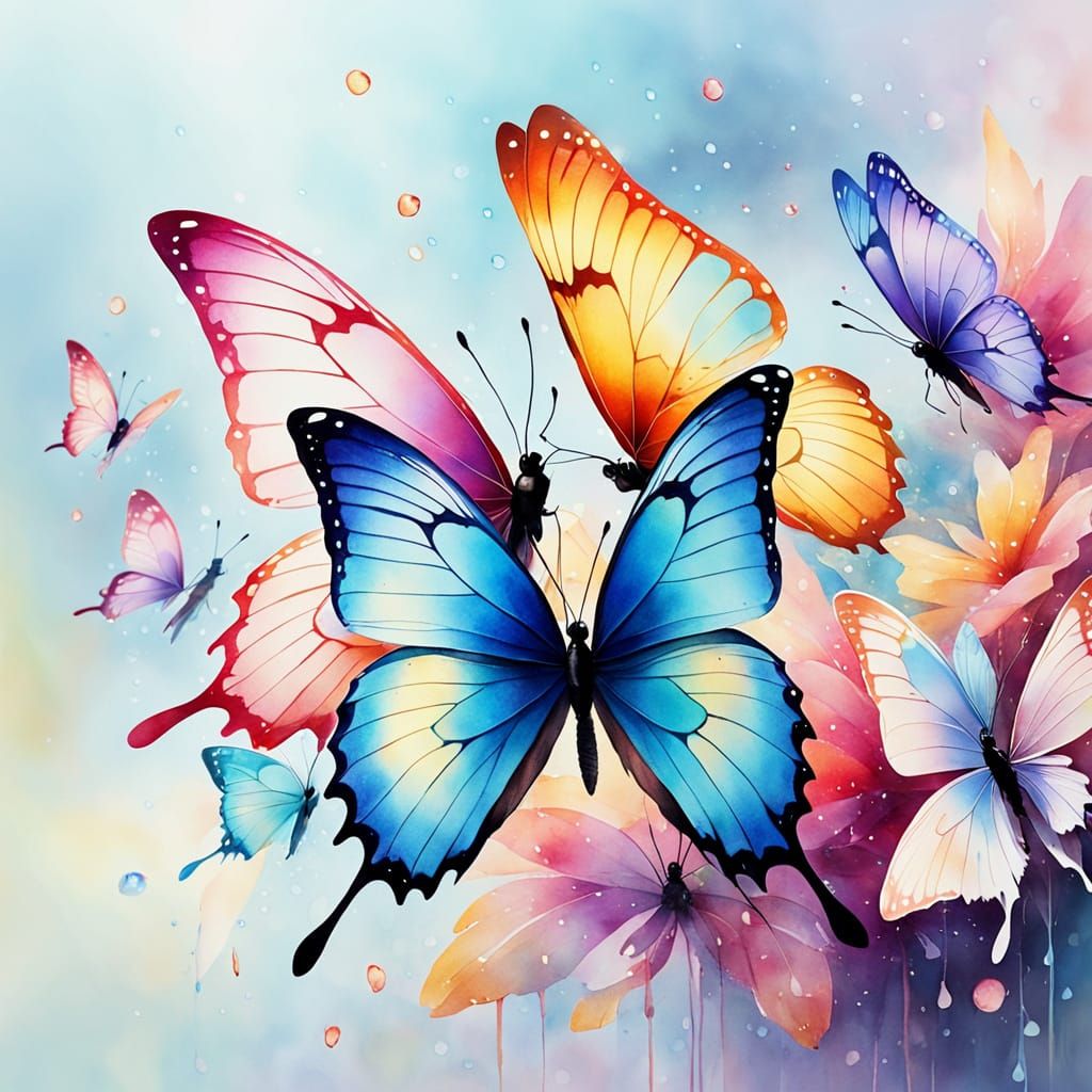 just butterflies, watercolor effect, drippy effect, all on a totally ...