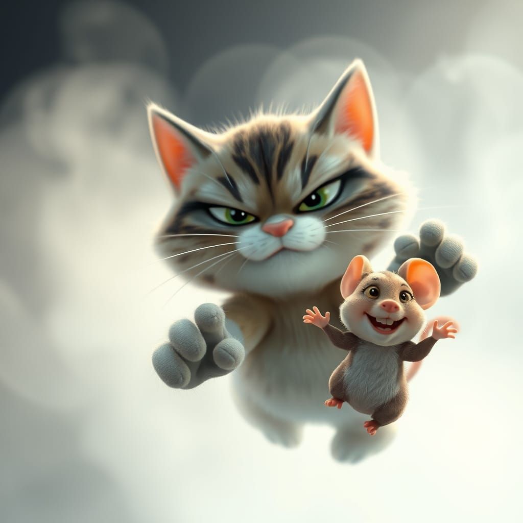 Whimsical Cartoon Cat Chases Elusive Mouse in a Mi... - AI Art