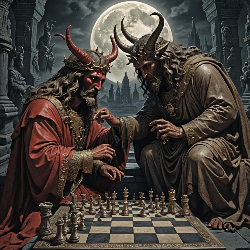 jesus christ and the red horned devil playing chess together, gustave ...
