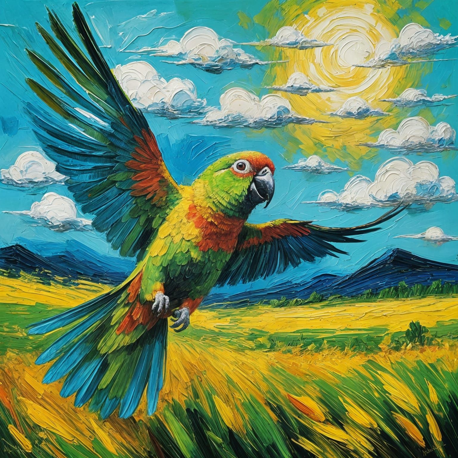 an oil painting, expressionist, of bird in Spring