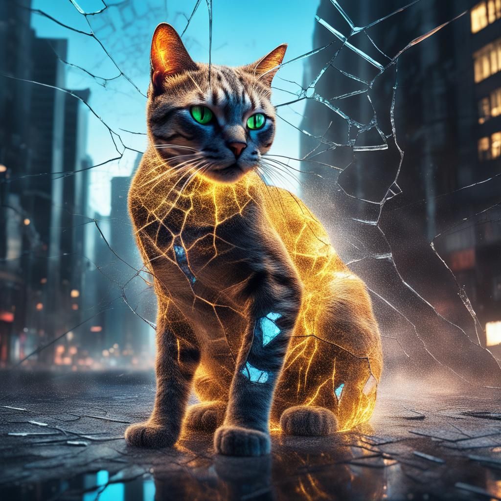 Cracked glass, cat, glowing neon cracks, city inside a cracked glass ...