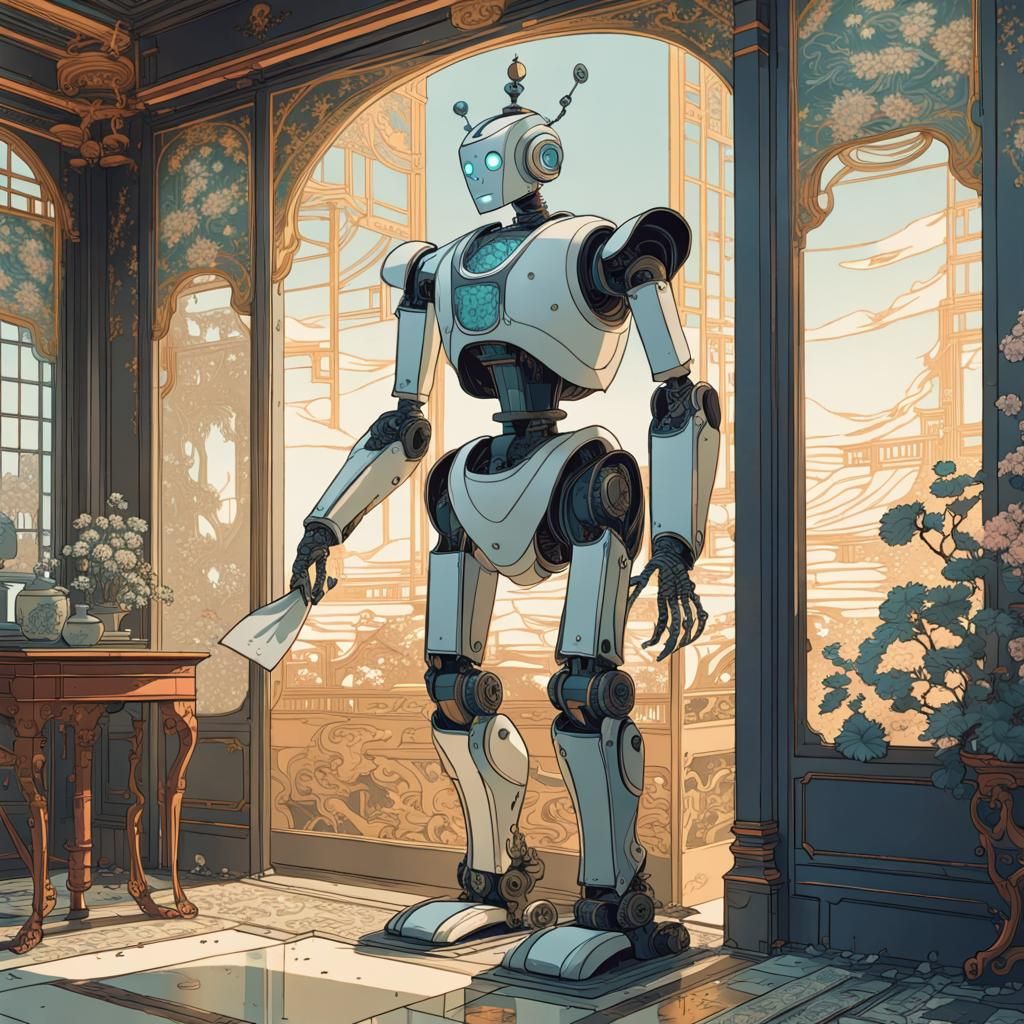 Broken robot butler trying to gather himself art nouveau rococo ...