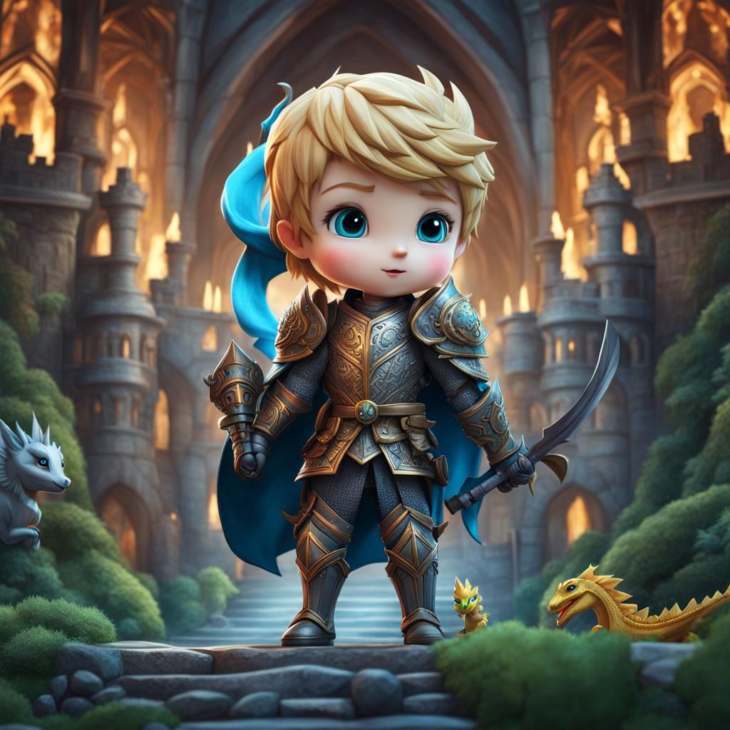 Chibi Knight - Chibi Knight and Dragon in Castle, Photoreali...