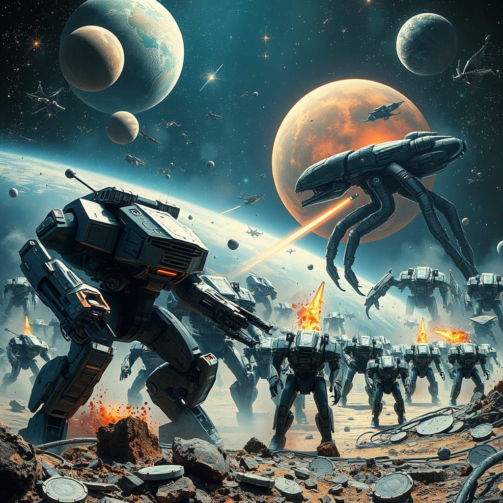 Cyberpunk Space Battle with Mech Suits and Alien A... - AI Art