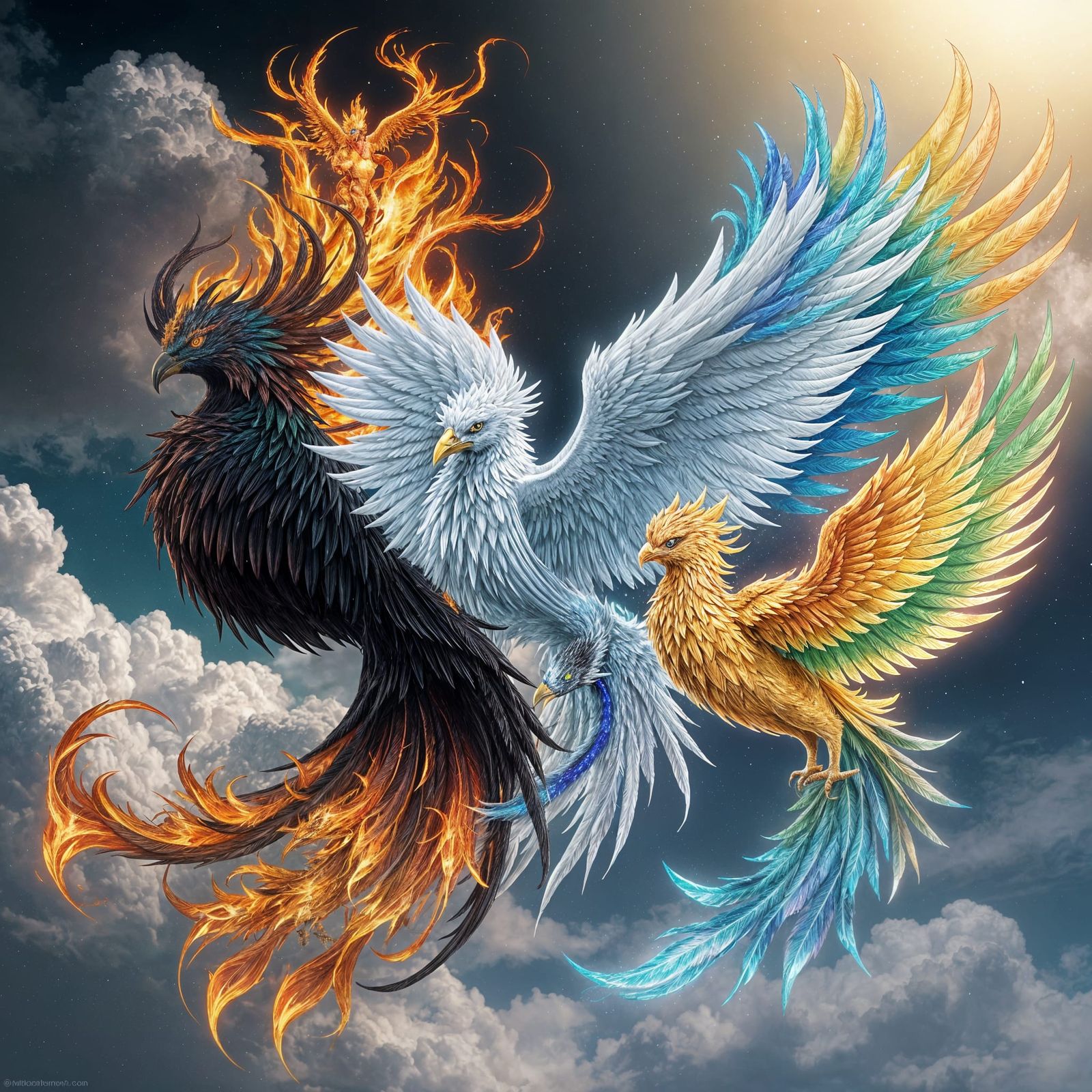 Mythic Phoenixes in Celestial God Forms, with Obsi... - AI Art