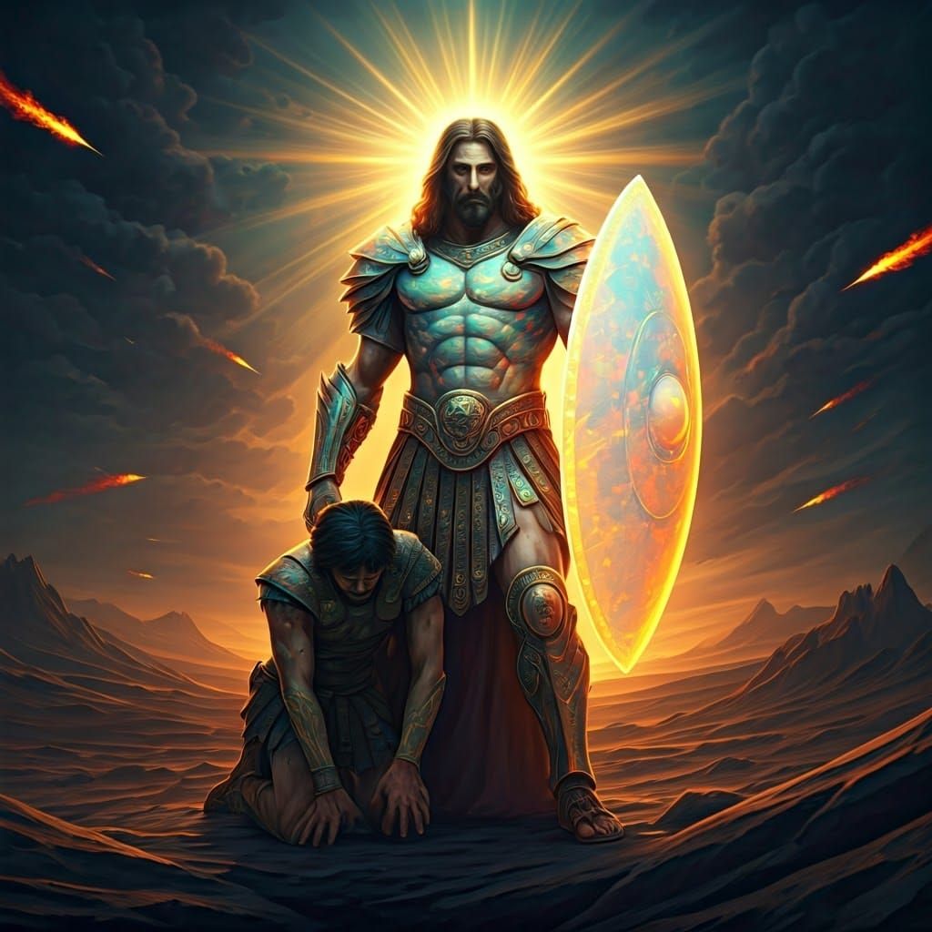 Jesus as a warrior wearing iridescent opal armor with a large celestial ...