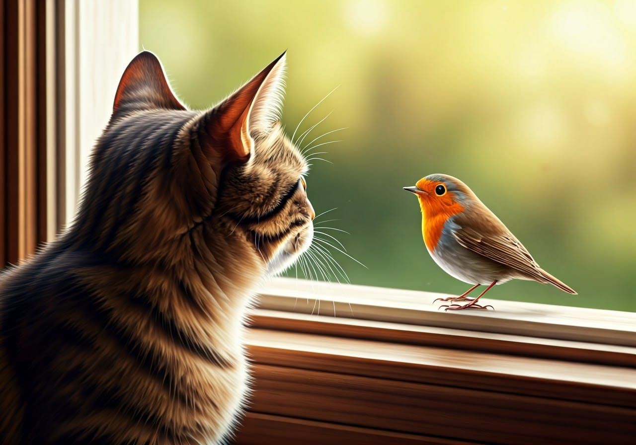 Feline Observer Watching Robin Through Window - AI Art