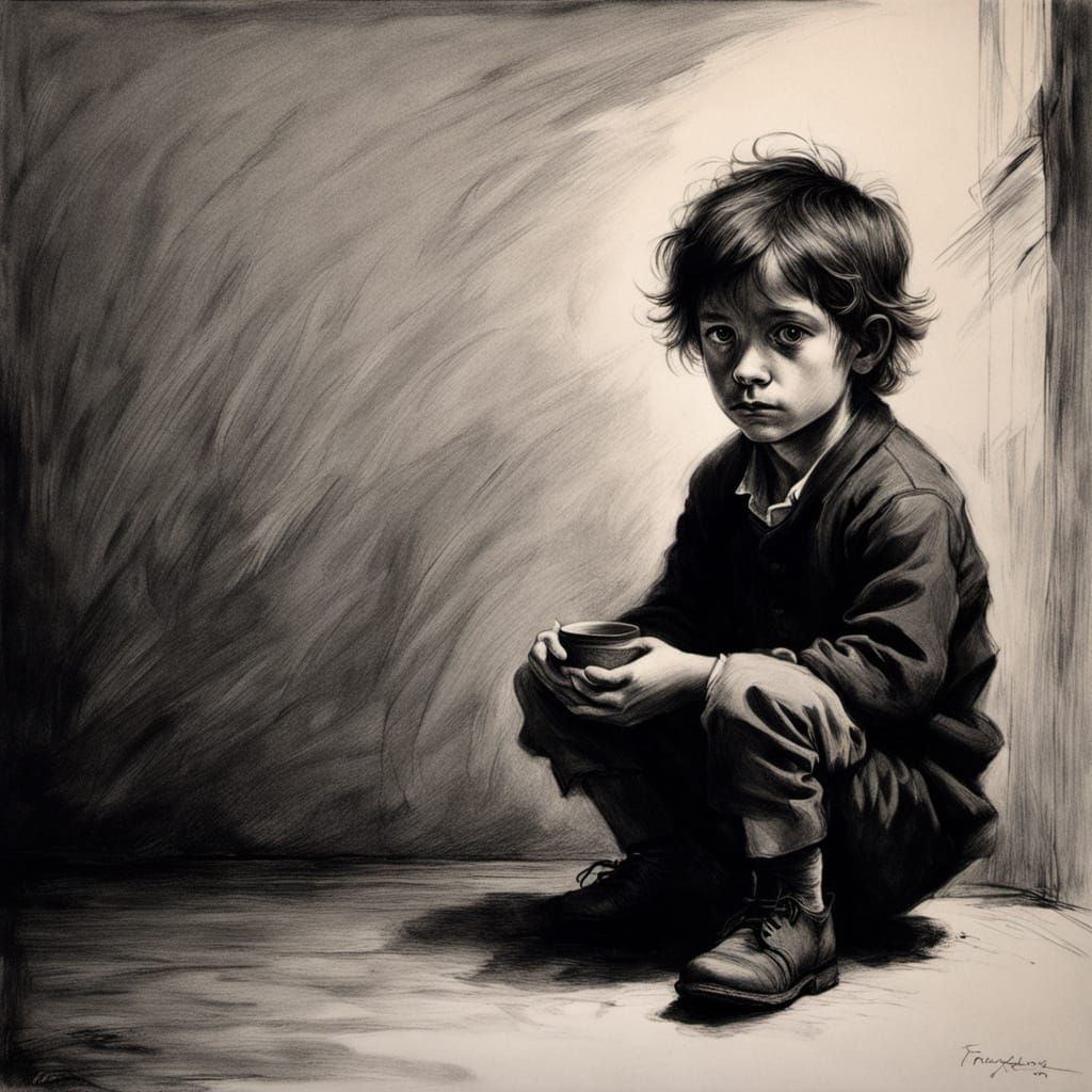 Charcoal Portrait of a Ragged Child in Dimly Lit C... - AI Art