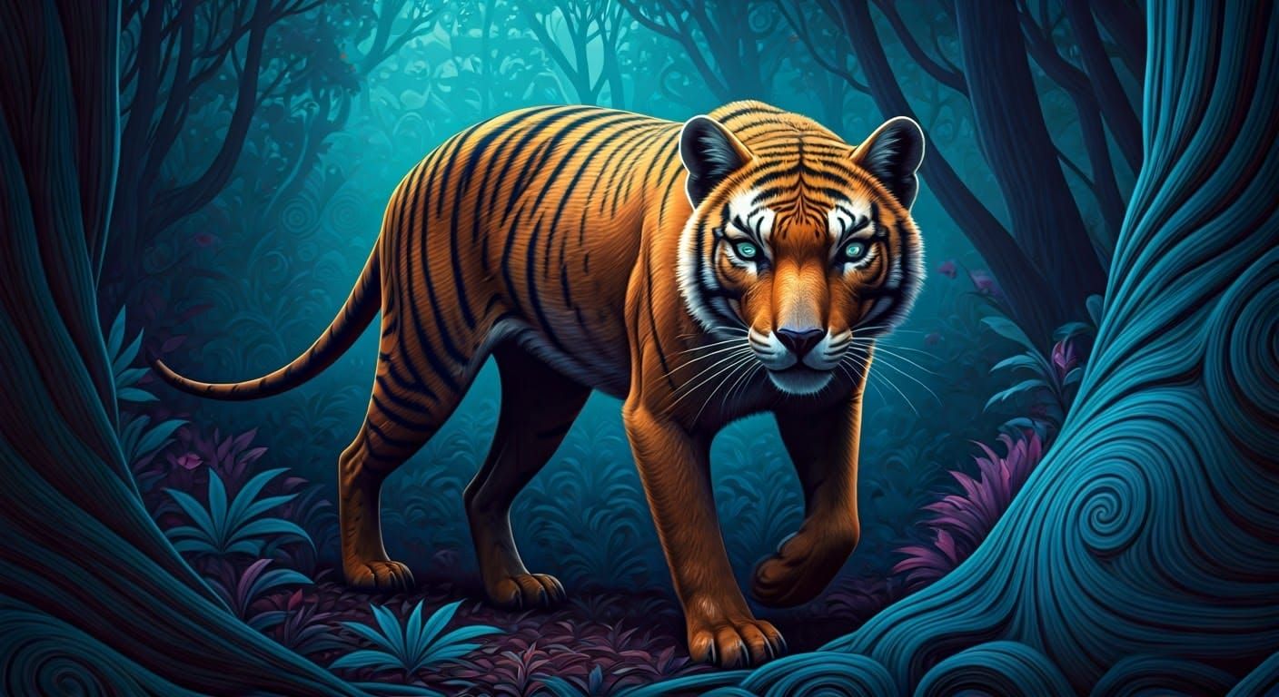 Surrealist Tiger Emerges from the Bush in Psychede... - AI Art