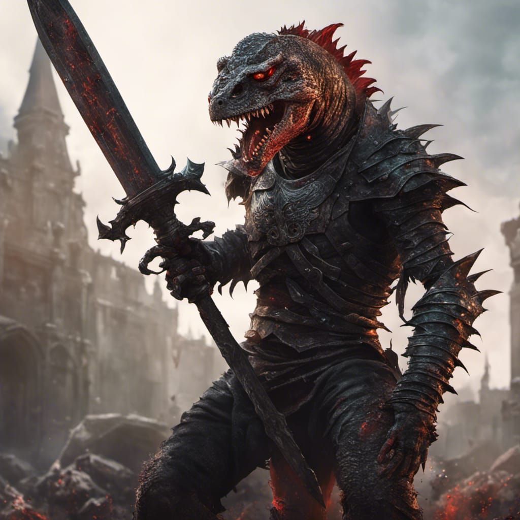 Sickly feral bloody Zombie lizard man in heavy black armor with a large ...