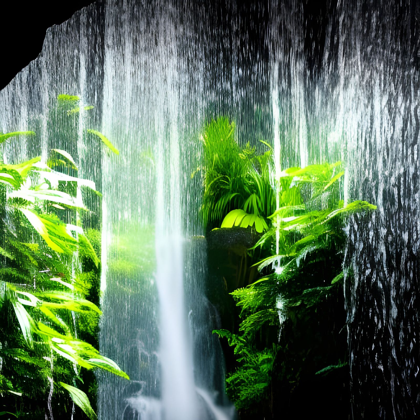 Looking out of cave through the falling water of a waterfall. Photo ...