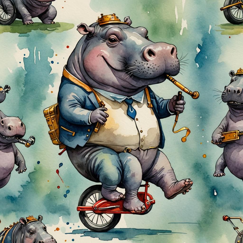 watercolor, Hippo playing the harmonica while riding a unicycle - AI ...
