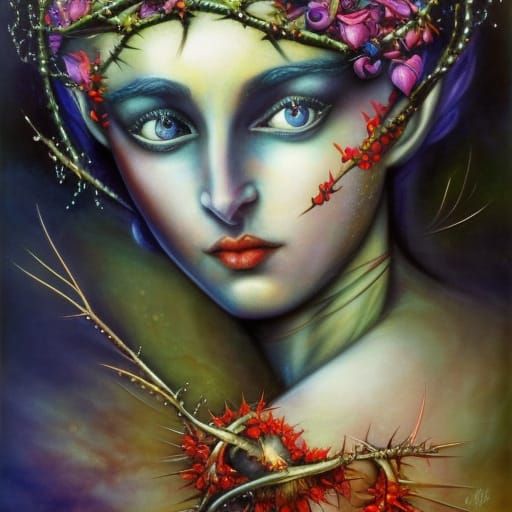 incredibly detailed beautiful elfin queen with a crown of thorns ...