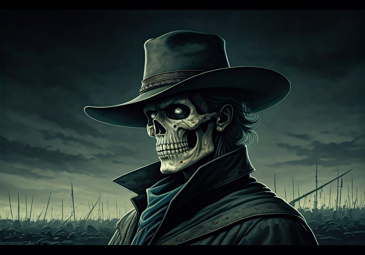 ☠️💀😈, intimidating undead Cowboy, Moonlit skelet... - AI Art