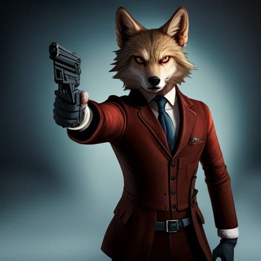 anthro wolf MI5 agent looking at viewer pointing gun - AI Generated ...