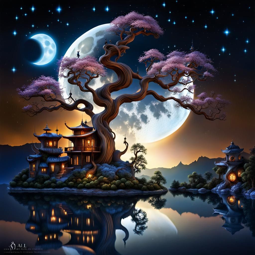 Split Moon Bonsai Village - AI Generated Artwork - NightCafe Creator