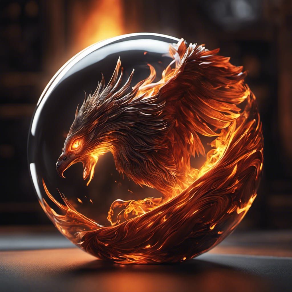 hyperfocused close-up on (perfect_glass_orb); orb_containing flames ...