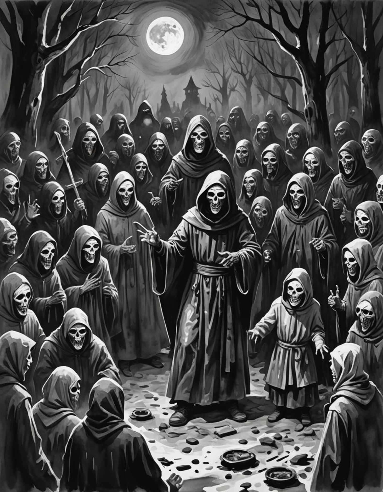 black and white folk-horror cultist night ritual - AI Generated Artwork ...