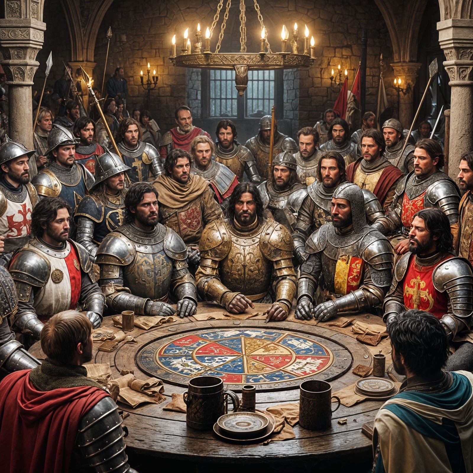 Medieval knights sitting around King's Arthur round table