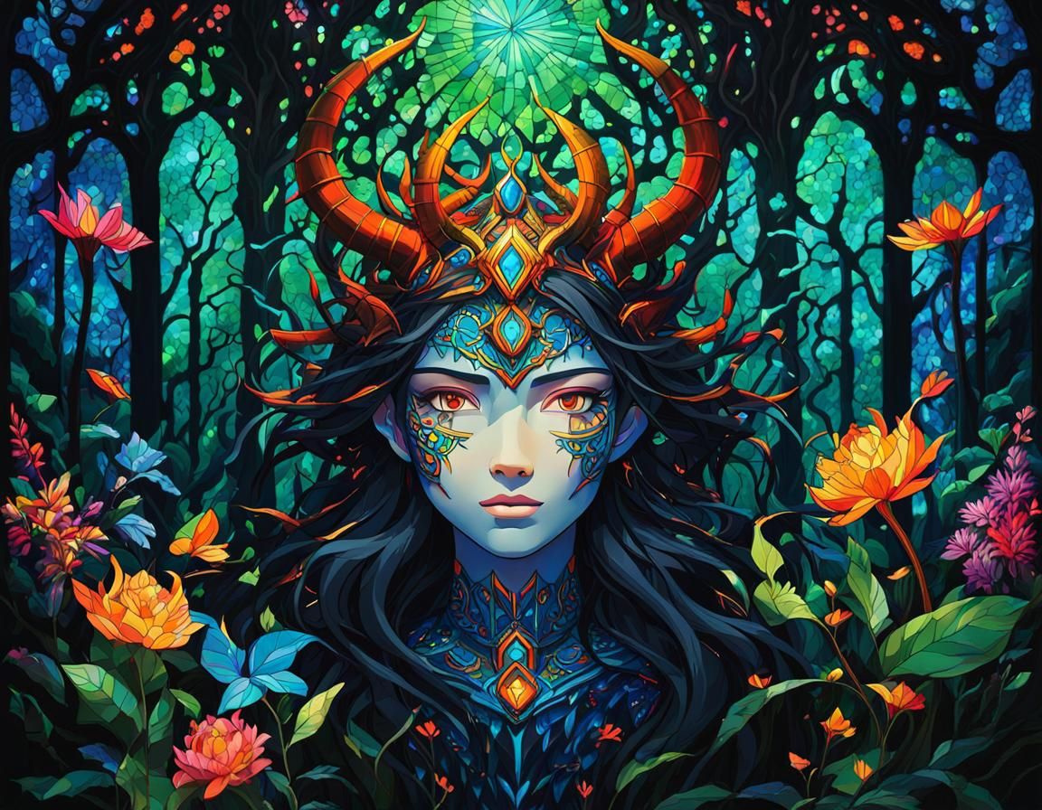 (Insanely detailed neon colored stained glass artwork of a demonic lady ...