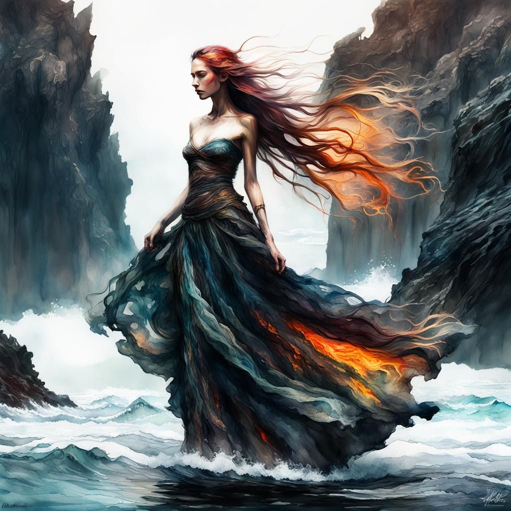 Woman with long glowing lava hair, dark basalt and andesit body, long ...