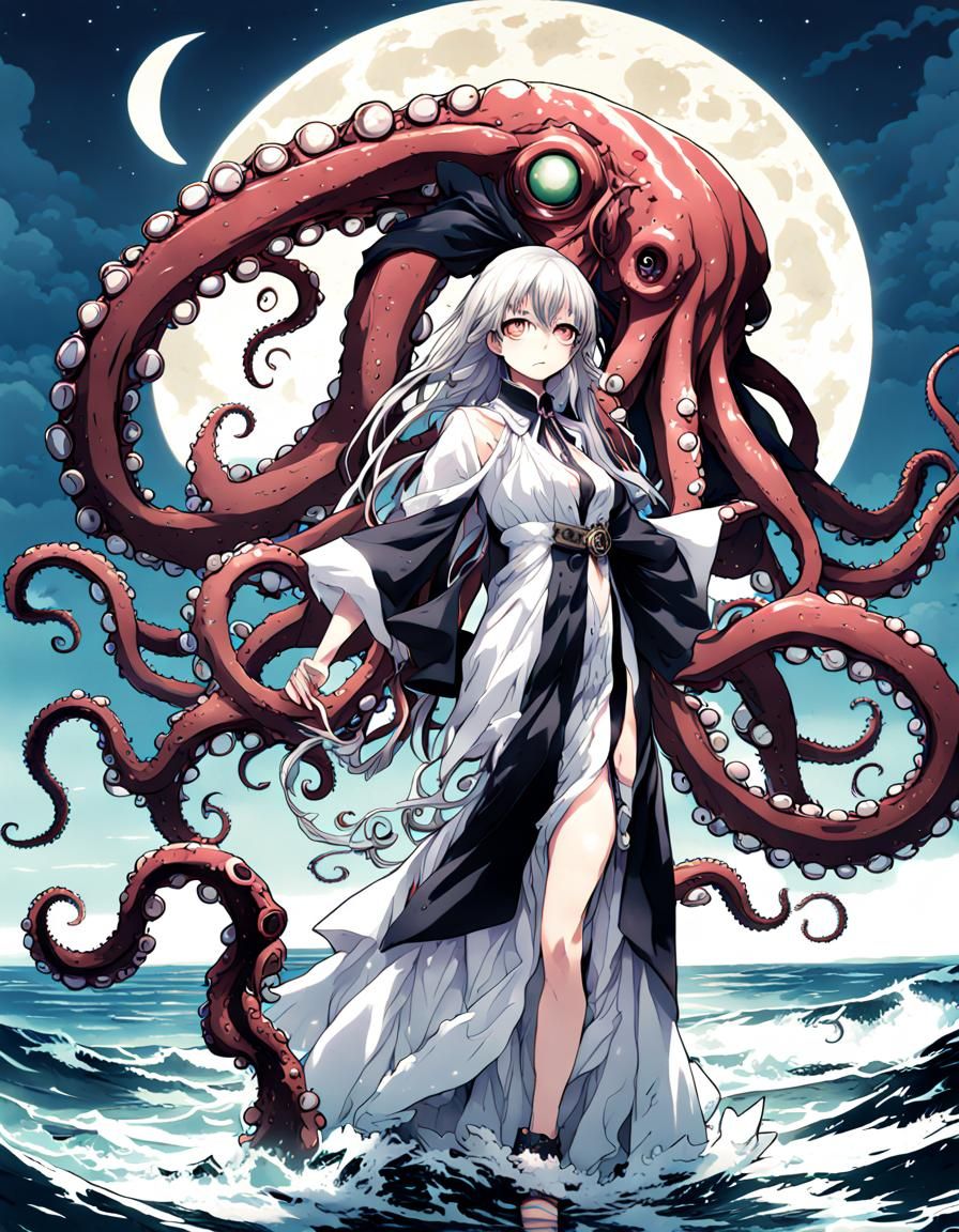 Crazed woman with tentacles, hunter, ocean, Full body image, moon light - AI Generated Artwork ...