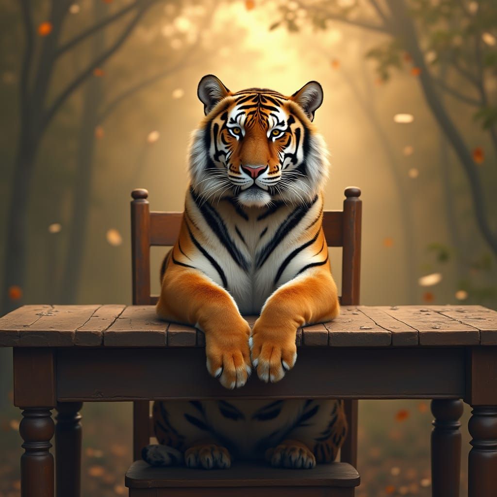 Tiger in Relaxed Pose on Rustic Chair at Vintage D... - AI Art