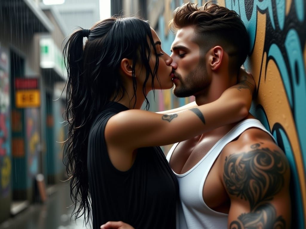 Passionate Kiss in Rainy Alley: Cinematic Film Sti... - AI Art