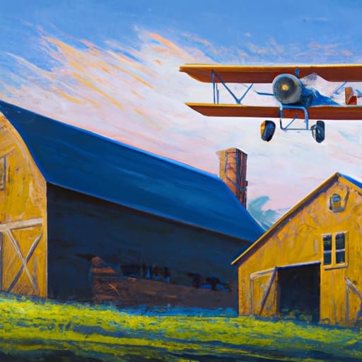 biplane flying over an old barn - AI Generated Artwork - NightCafe Creator