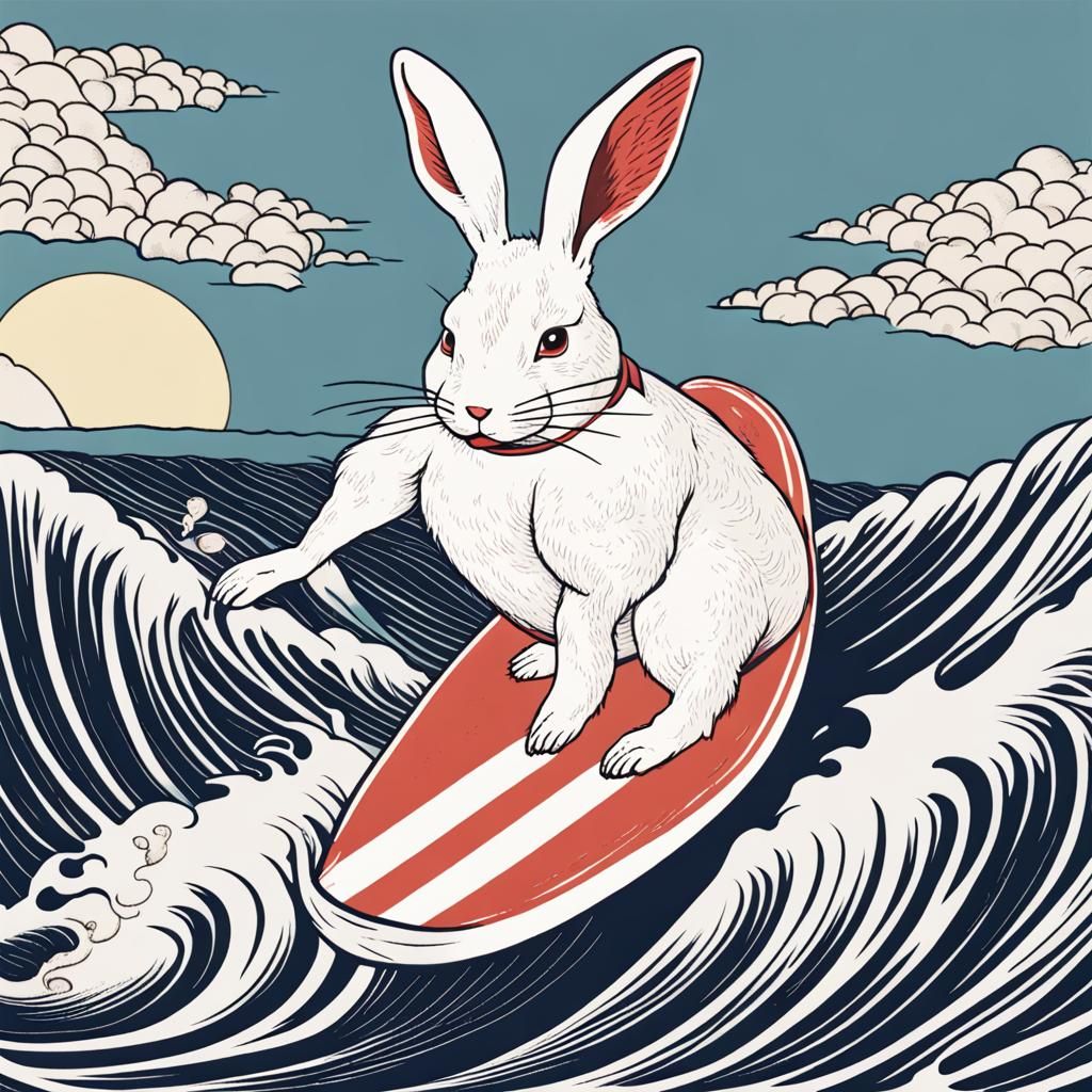 an Ukiyo-e style fat white rabbit surfing enter from the top right of ...