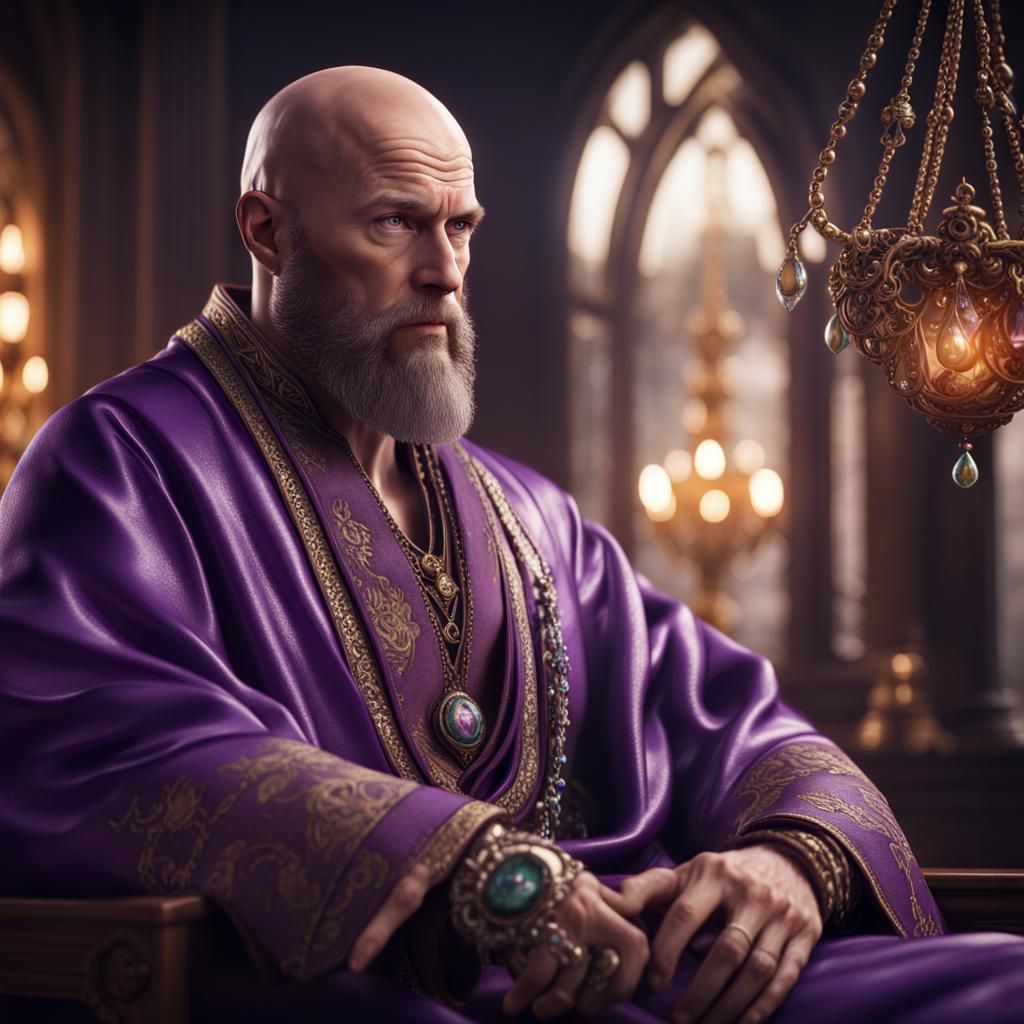 Bald 40 years old man with beard newgate fringe in a purple silk robe ...
