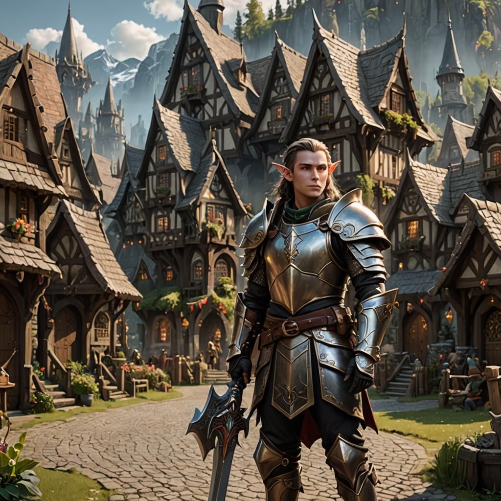 an elf warrior mit heavy armor standing in front of a elf town - AI ...