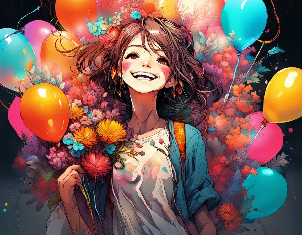 Happy anime girl with a vibrant smile, laughing holding a bouquet of ...