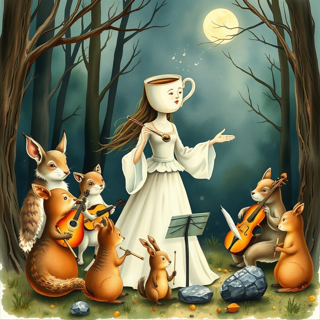 Woman Conducts Whimsical Orchestra of Forest Anima... - AI Art