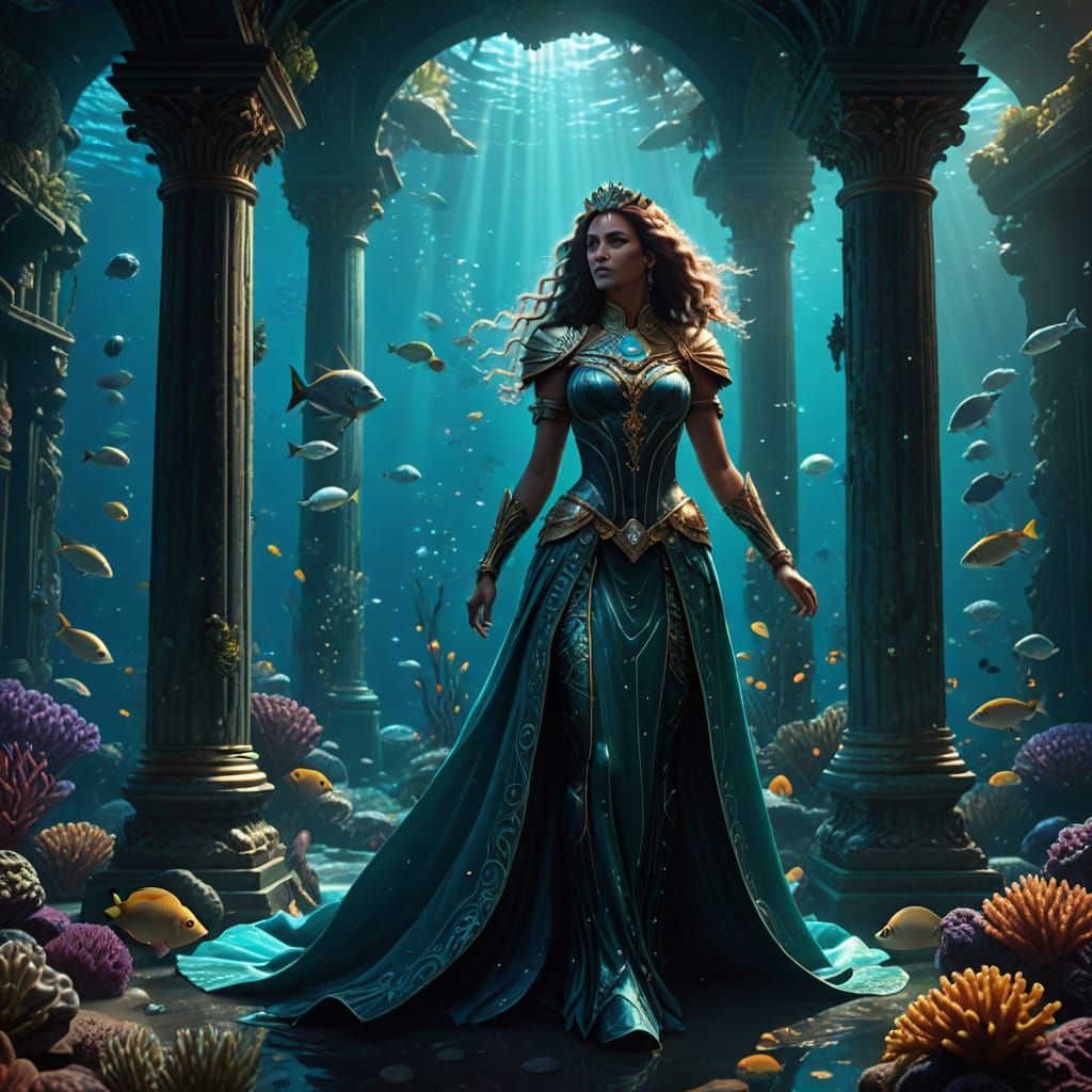 Regal Atlantean Queen in Shimmering Underwater Rea... - AI Art