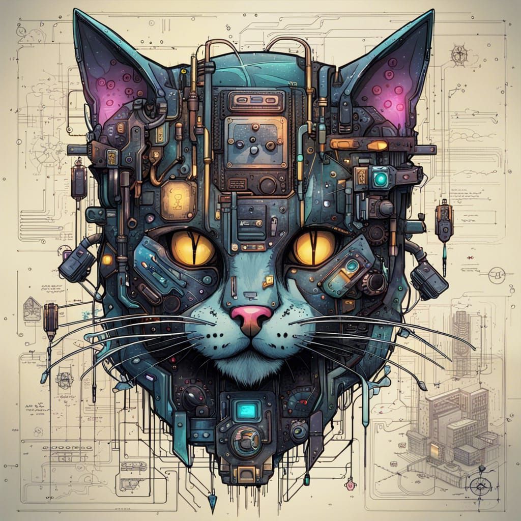 Cyberpunk cat schematic - AI Generated Artwork - NightCafe Creator