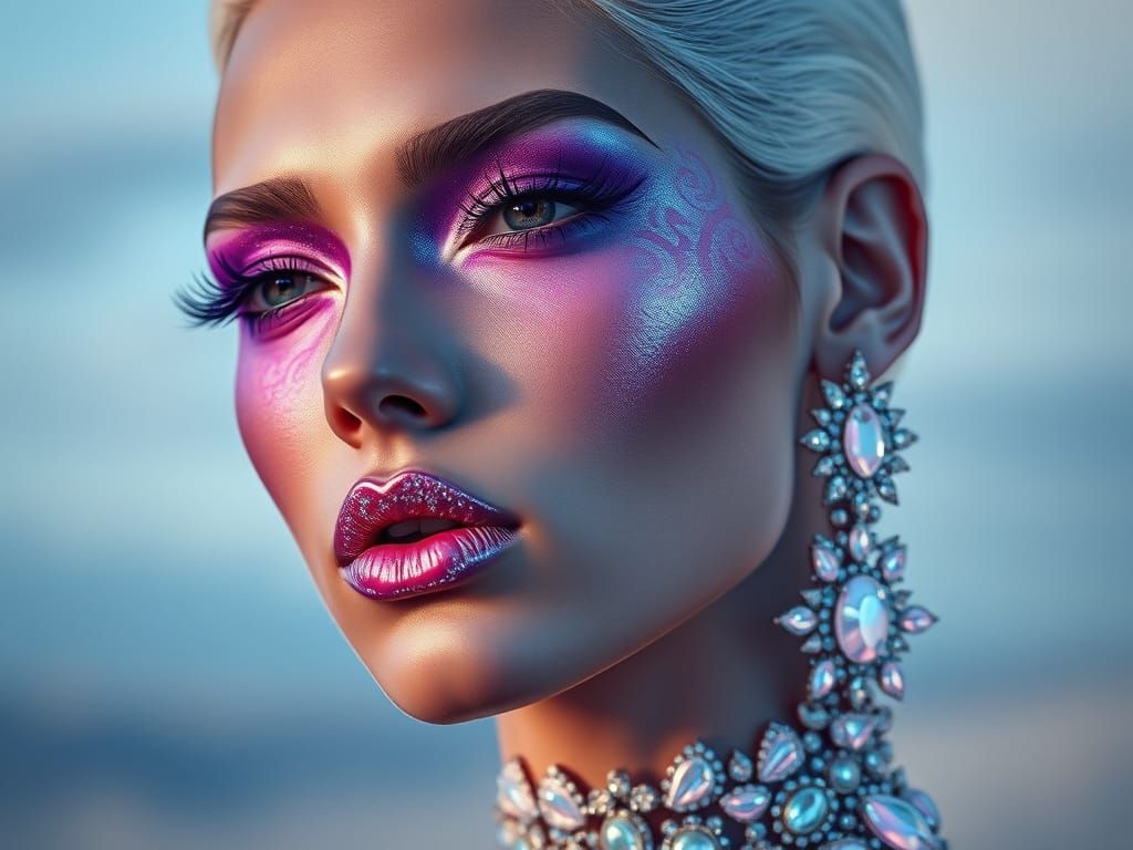 Futuristic Goddess in Electric Purple and Blue Mak... - AI Art