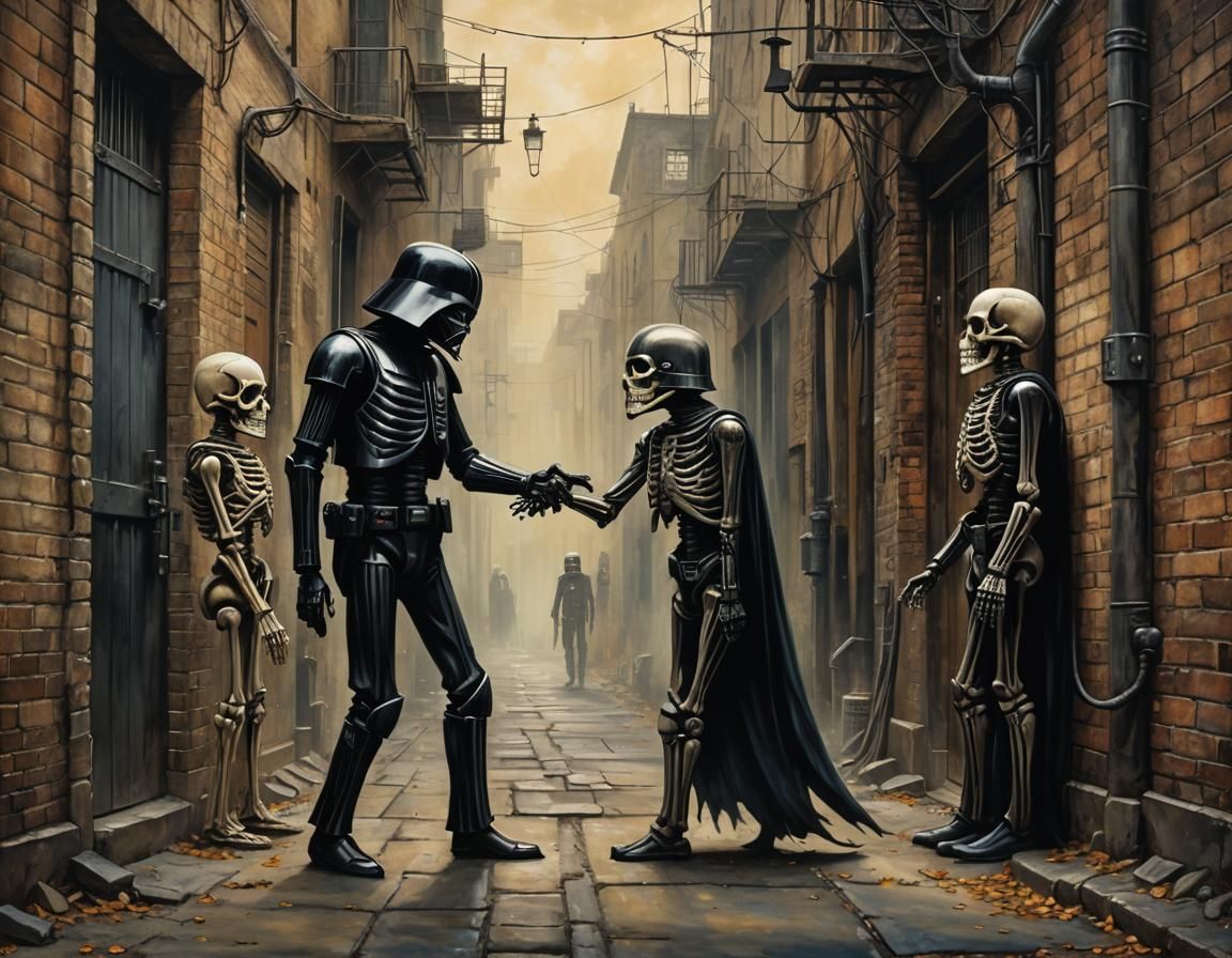 Darth vaders skeleton giving a handshake too a police skeleton in a ...
